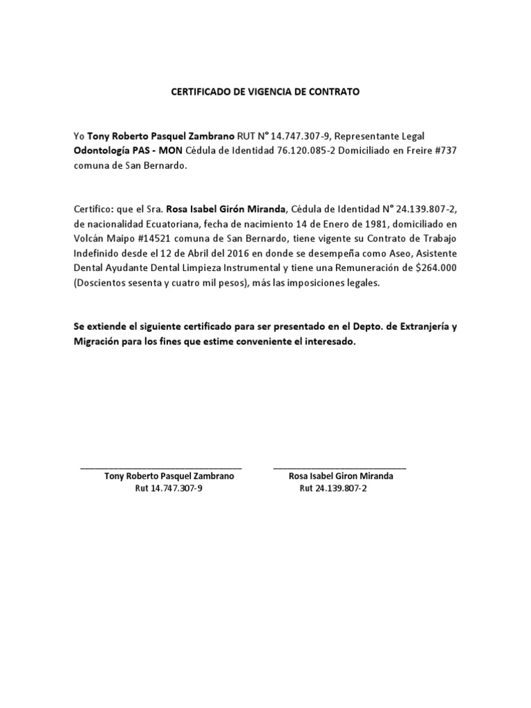 Certificado de Vigencia de Contrato | PDF