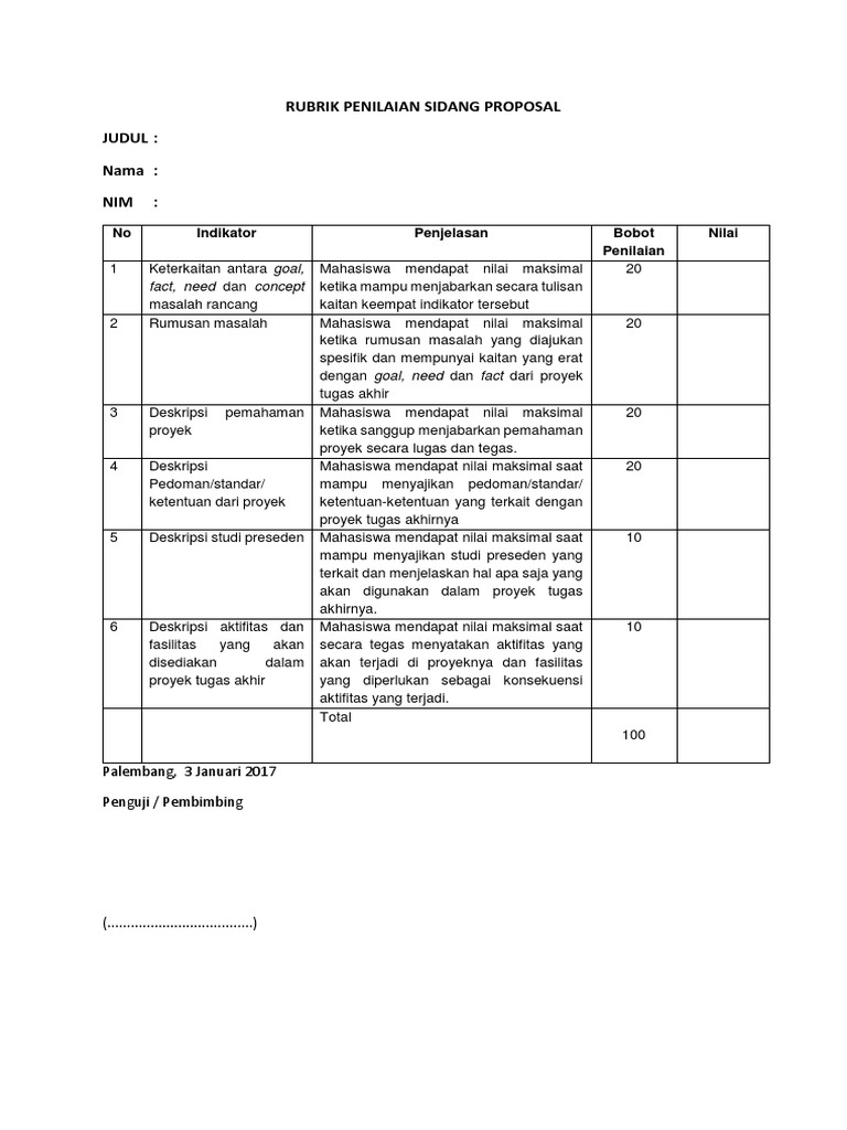 Rubrik Penilaian Sidang Proposal | PDF