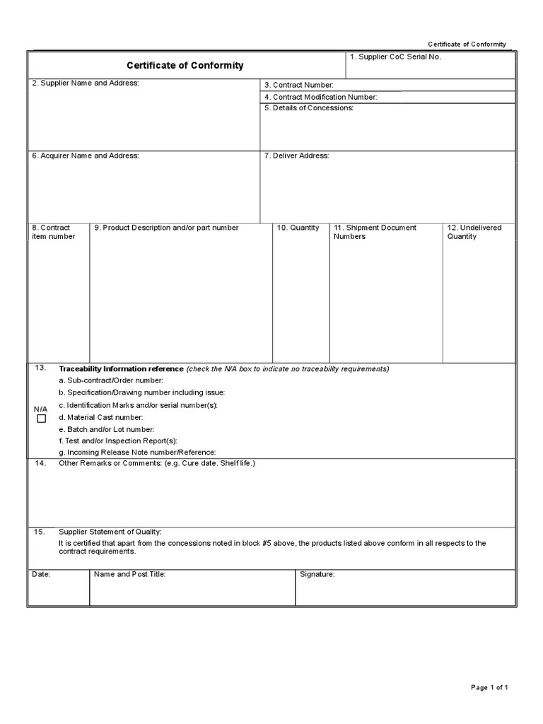 Certificate Of Conformance Template