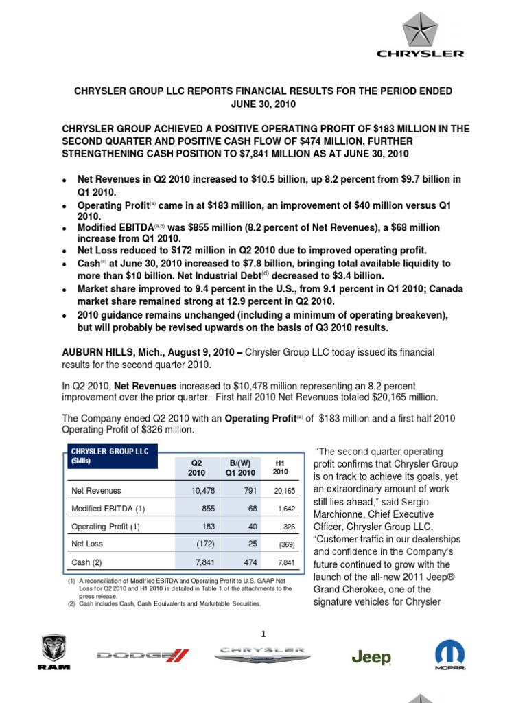 2010 q2 Financial Results | PDF | Earnings Before Interest | Chrysler