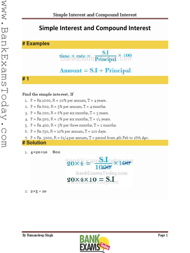 Simple Interest and Compound Interest: # Examples | PDF