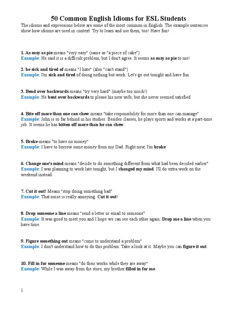 50 Common English Idioms For ESL Students | PDF