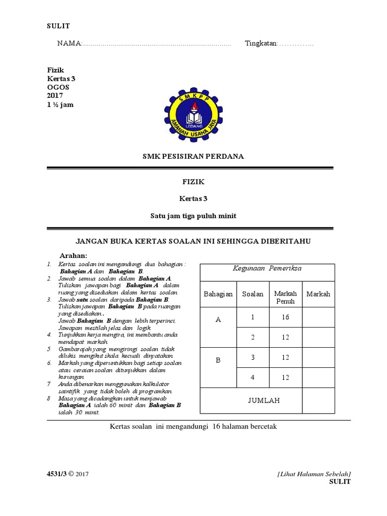 Muka Depan Fizik Kertas 3 | PDF