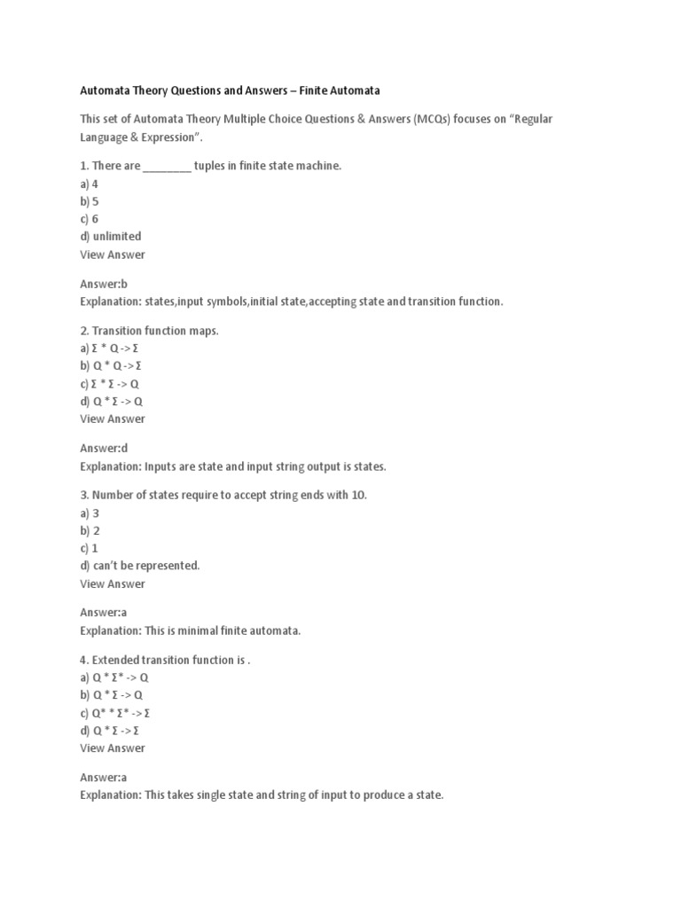 Automata Theory Questions and Answers | PDF | Areas Of Computer Science ... Automata Theory Questions and Answers | PDF | Areas Of Computer Science ...