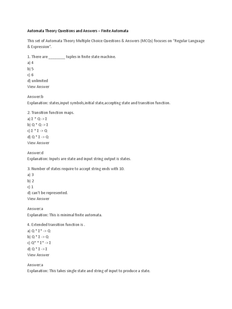 Automata Theory Questions And Answers Pdf Theory Of Computation Computer Science