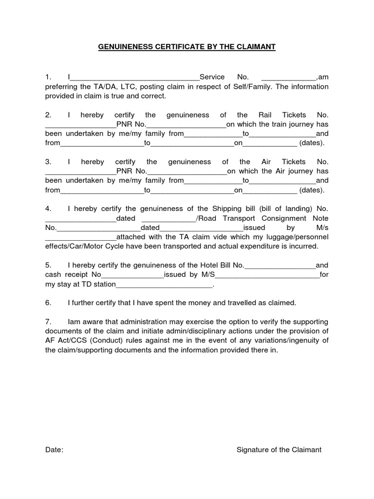 Genuineness Certificate by The Claimant | PDF | Transport | Government