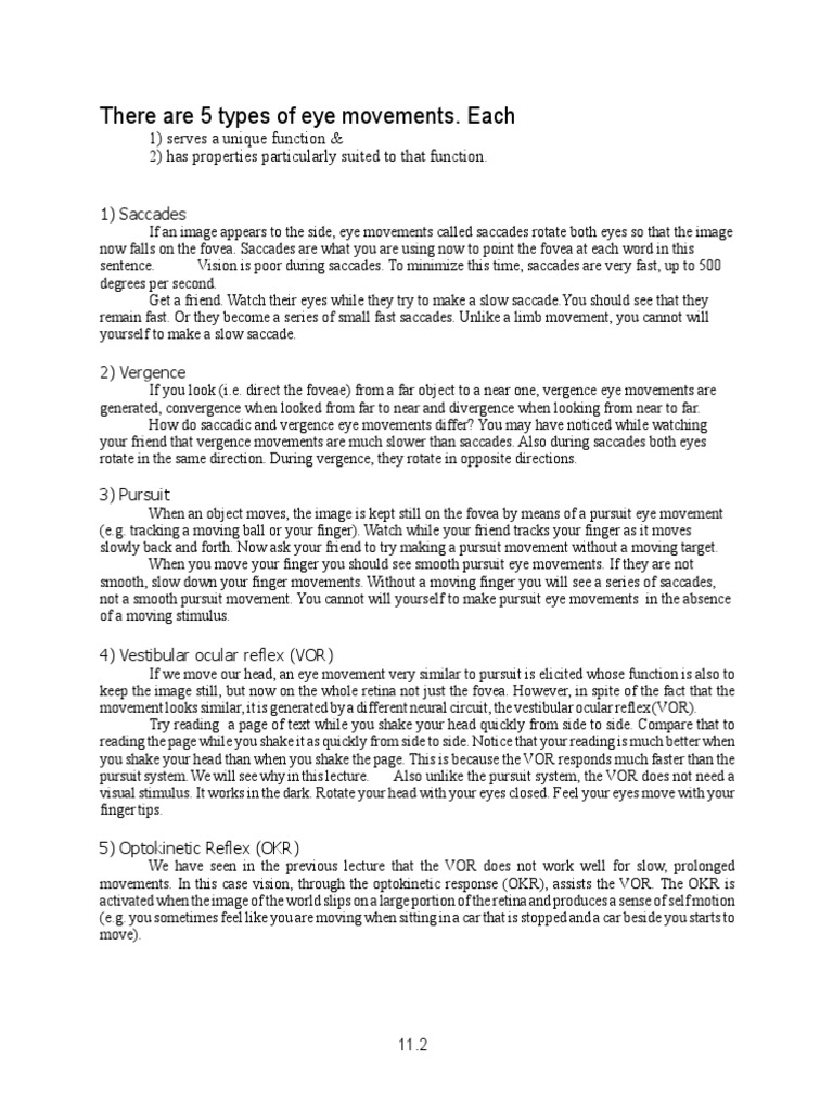 There Are 5 Types of Eye Movements. Each | PDF | Vestibular System | Eye