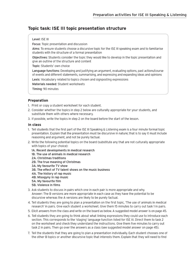 ISE III Topic Task - Topic Presentation Structure PDF | PDF | Animal ...