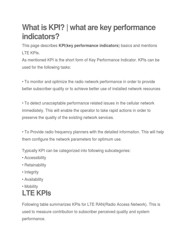 KPI | PDF | Lte (Telecommunication) | Performance Indicator