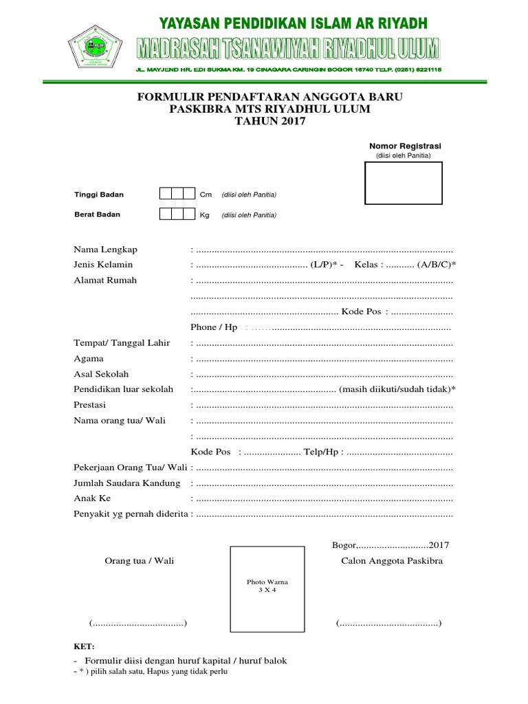 Contoh Formulir Ekskul | PDF