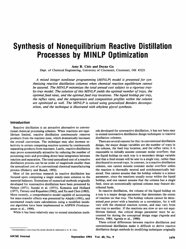Ciric 1994 | PDF | Distillation | Mathematical Optimization
