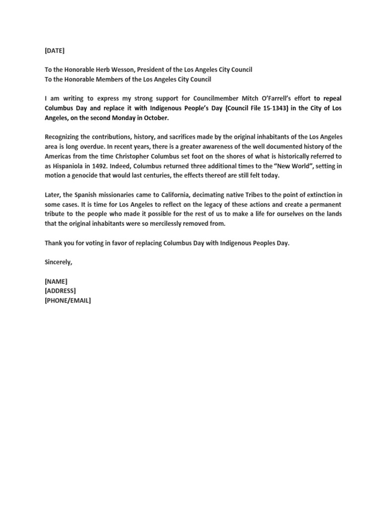 Indigenous Peoples Day Letter of Support