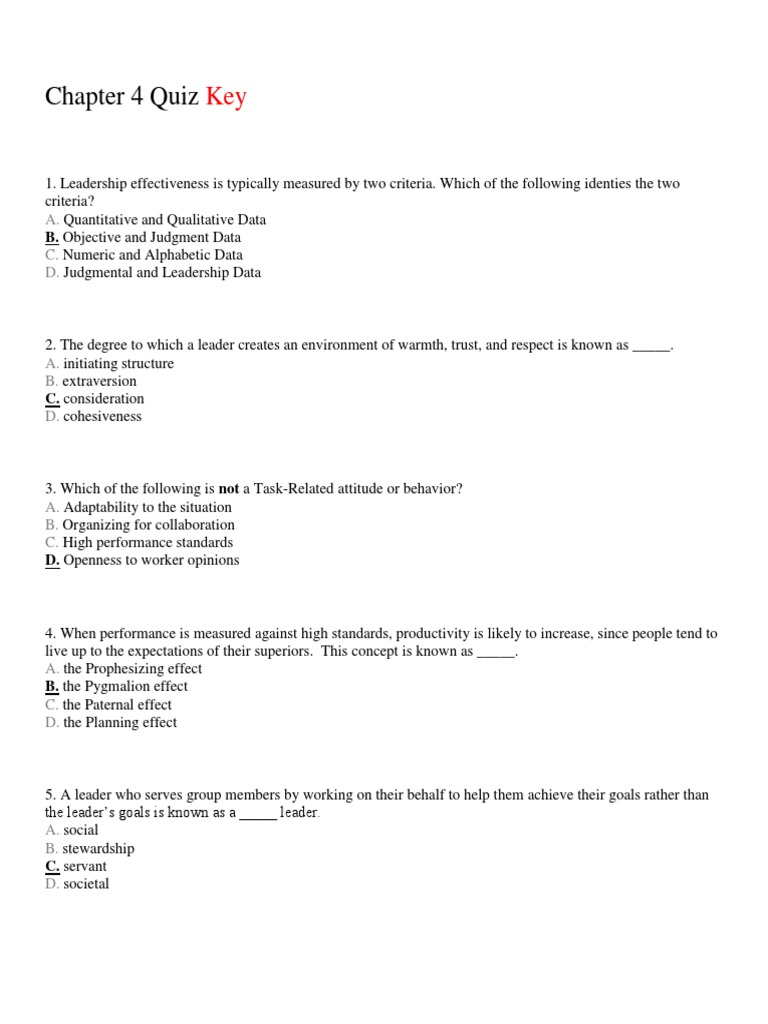Chapter 4 Leadership Quiz Answers | PDF | Leadership | Behavioural Sciences