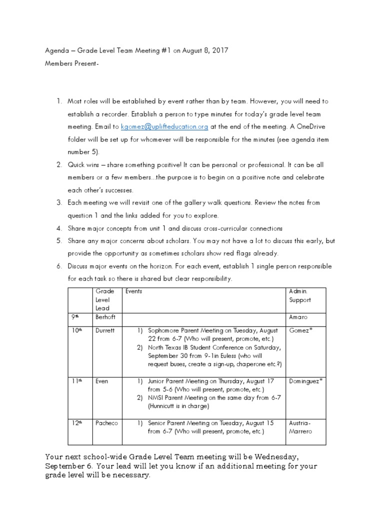 Grade Level Team Meeting Agenda #1 | PDF | Inquiry Based Learning ...