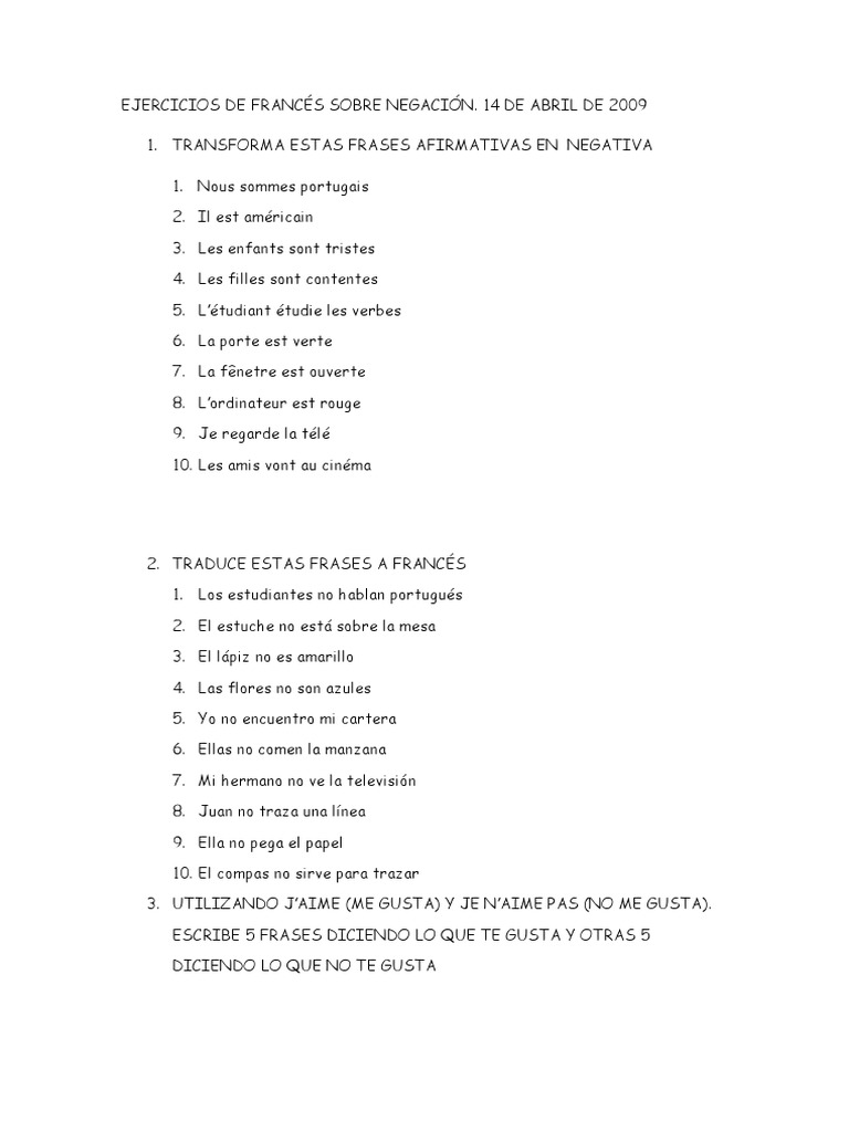 Ejercicios de Negación en Francés | PDF | Deportes | Ocio