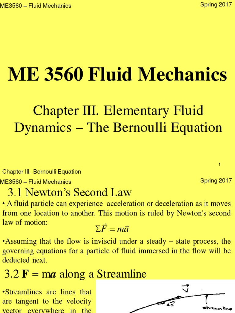 ME 3560 Fluid Mechanics: Chapter III. Elementary Fluid Dynamics - The Bernoulli Equation | PDF ...