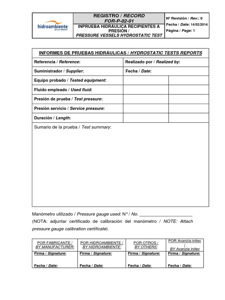 Informes De Pruebas Hidráulicas / Hydrostatic Tests Reports: Registro ...