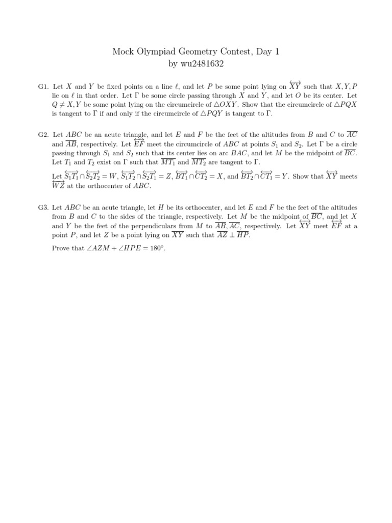 Mock Olympiad Geometry Contest, Day 1 by Wu2481632 | PDF