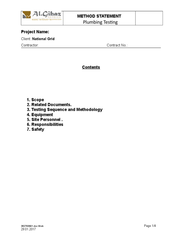 Method Statement Plumbing Test | PDF | Plumbing | Personal Protective ...