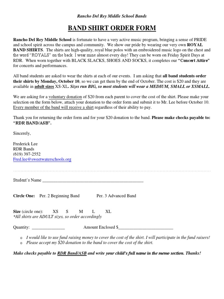 Band Shirt Order Form: Rancho Del Rey Middle School Bands | PDF