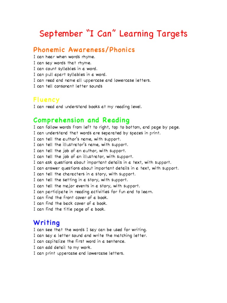 September Learning Targets for Literacy | PDF | Language Arts & Discipline