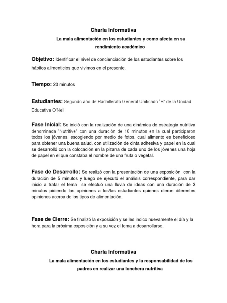 Charla Informativa | PDF | Maestros | Alimentos