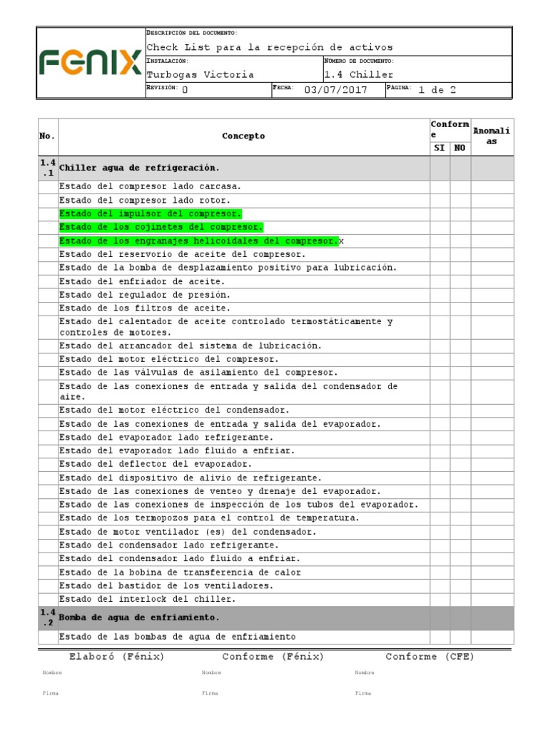 Check List 1.4 Chiller-Completo | Compresor de gas | Bomba