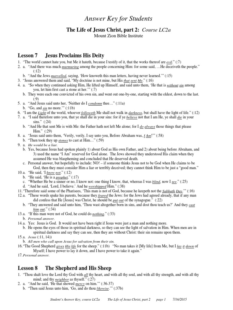 Answer Key For Students: The Life of Jesus Christ, Part 2: Course LC2a ...