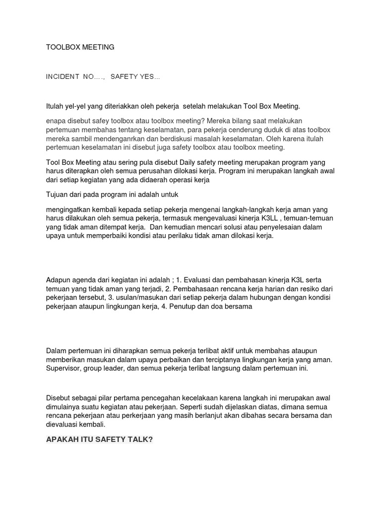 Toolbox Meeting | PDF