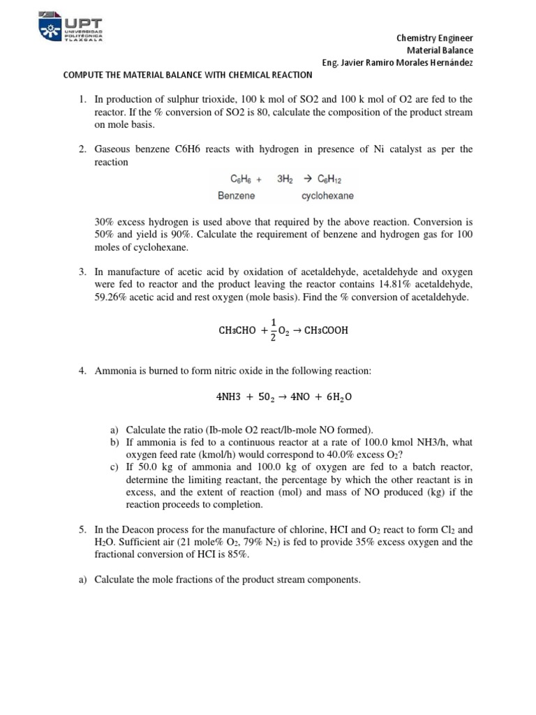 Material Balances for Chemical Reactions: Calculating Component ...