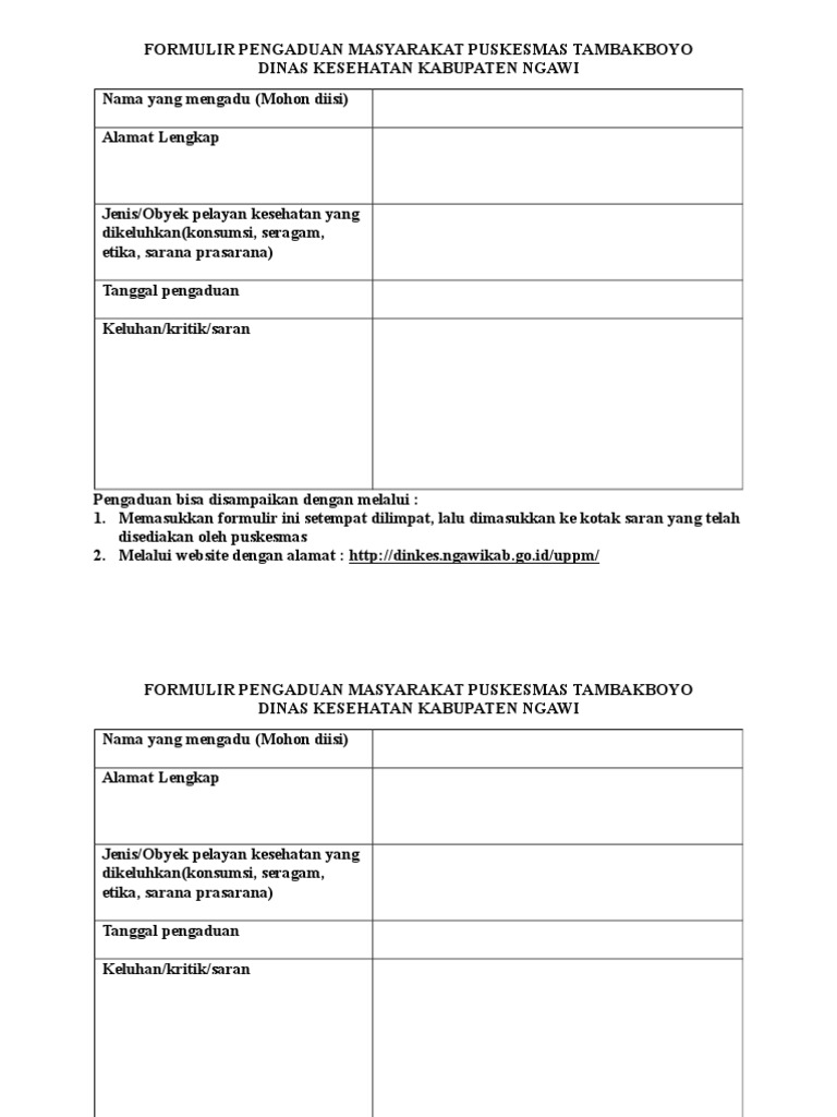 Formulir Pengaduan Masyarakat Puskesmas Tambakboyo | PDF