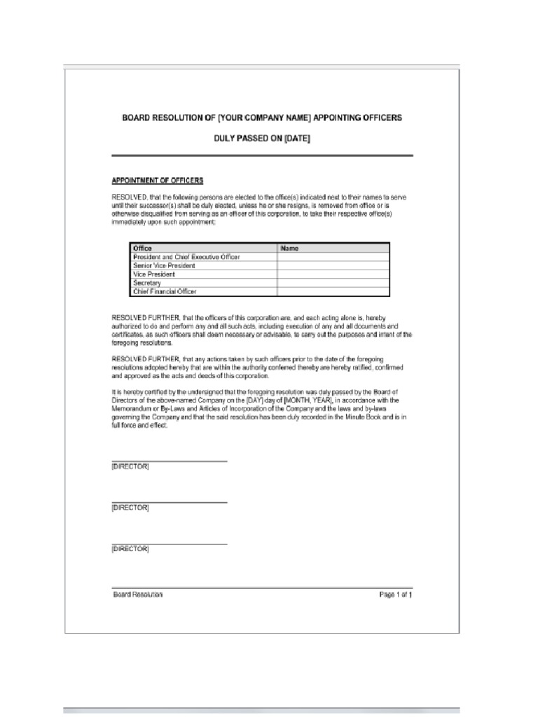 Board Resolution Appointing Officers | Constitutional Law | Virtue