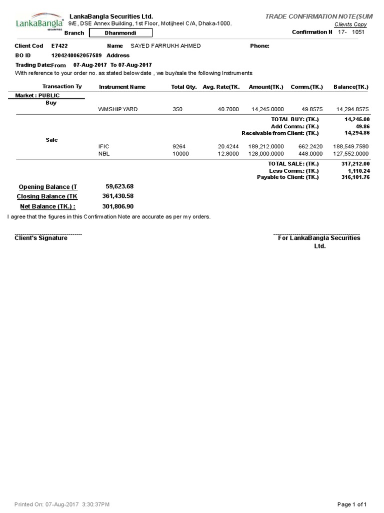 Lankabangla Securities LTD.: Trade Confirmation Note (Sum | PDF ...