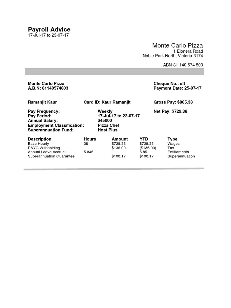 Payroll Advice: Monte Carlo Pizza | PDF