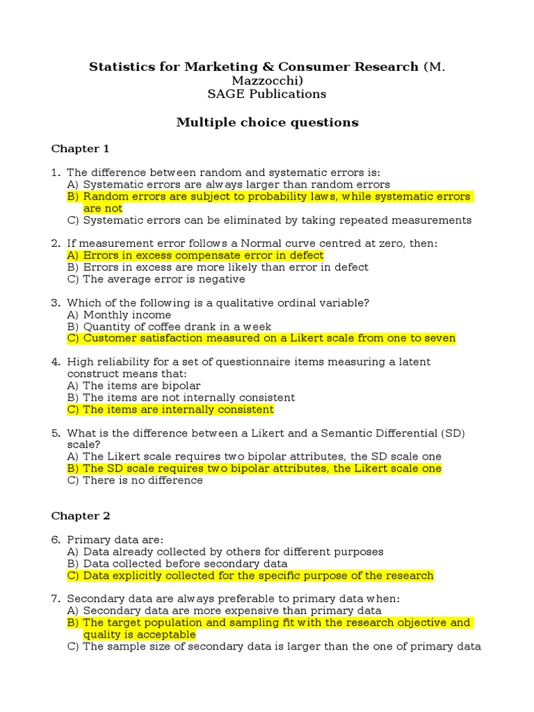 Multiple Choice Questions (With Answers) | PDF | Sampling (Statistics) | Analysis Of Variance