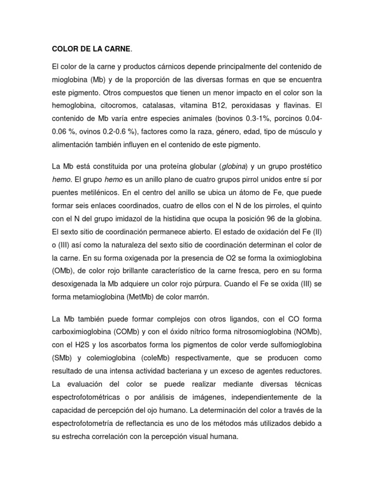Coloración y pigmentos en carnes | PDF | Nitrito | Curado (Conservación ...
