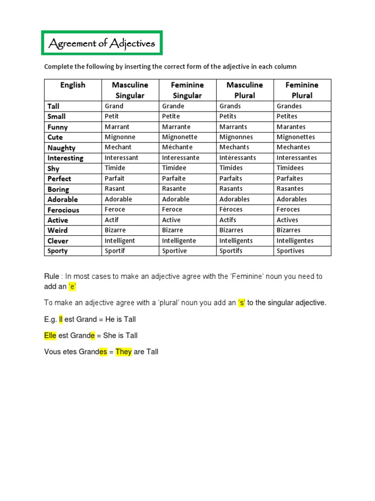 Agreement of Adjectives | PDF