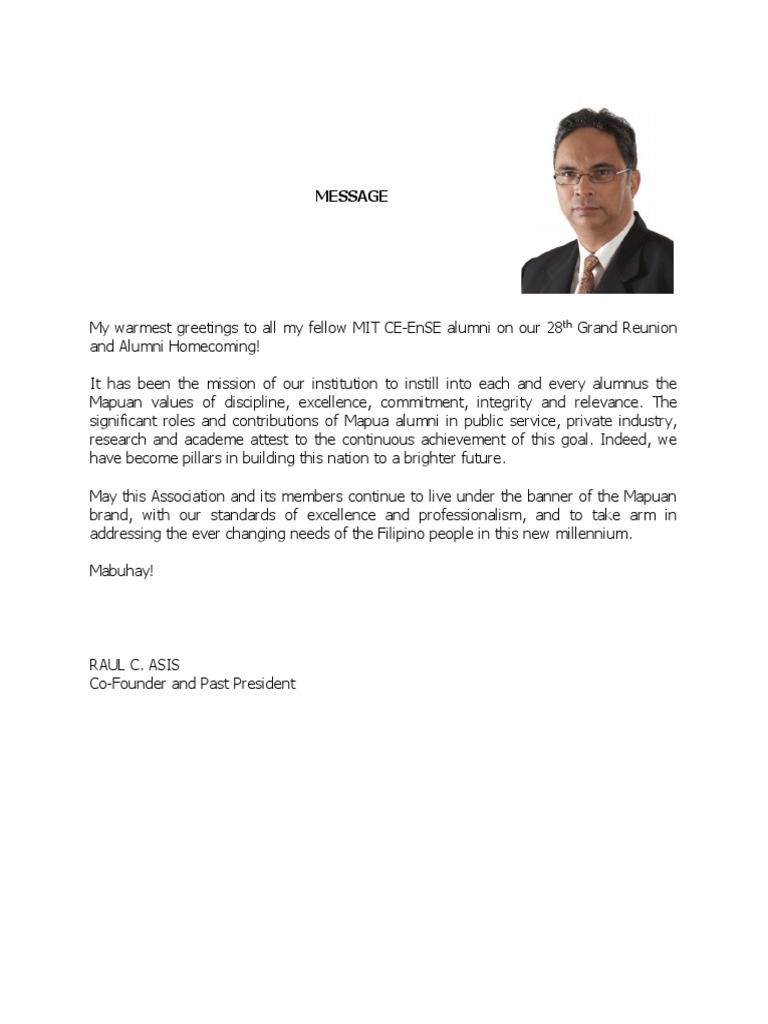 Alumni Homecoming Message from Raul Asis | PDF | Social Science