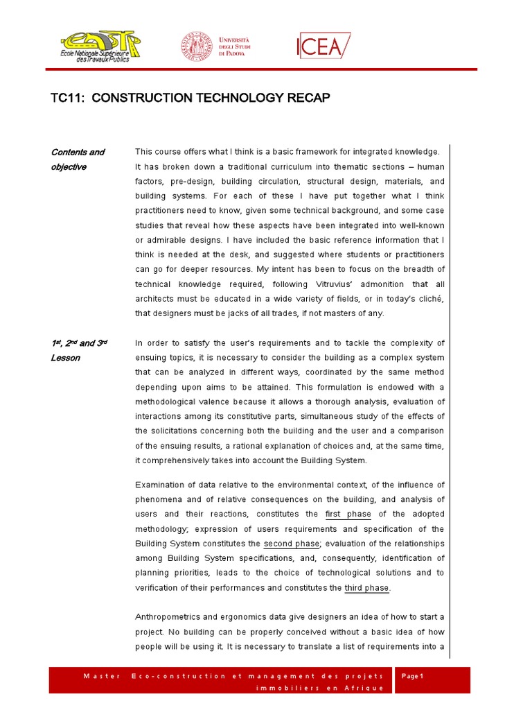 Tc11: Construction Technology Recap: Contents and Objective | Download Free PDF | Specification ...
