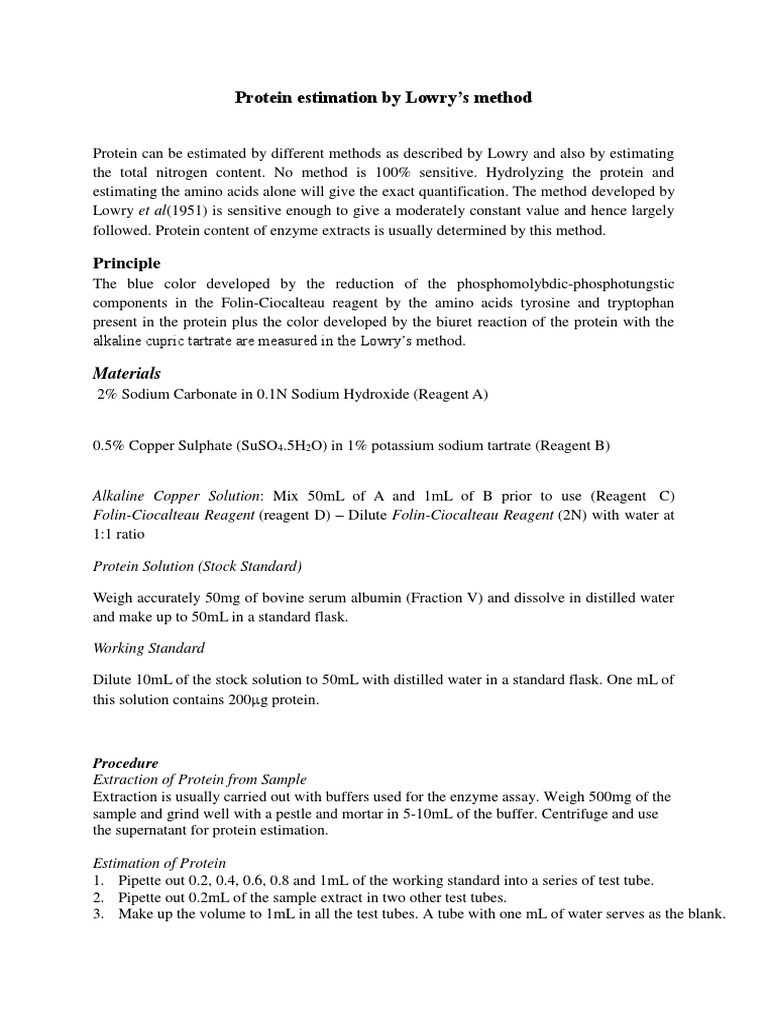 Protein Estimation by Lowry | PDF | Chemical Elements | Atoms