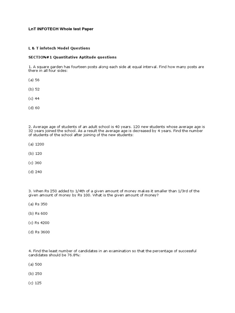 LNT Infotech Whole Test Paper: L & T Infotech Model Questions Section#1 ...