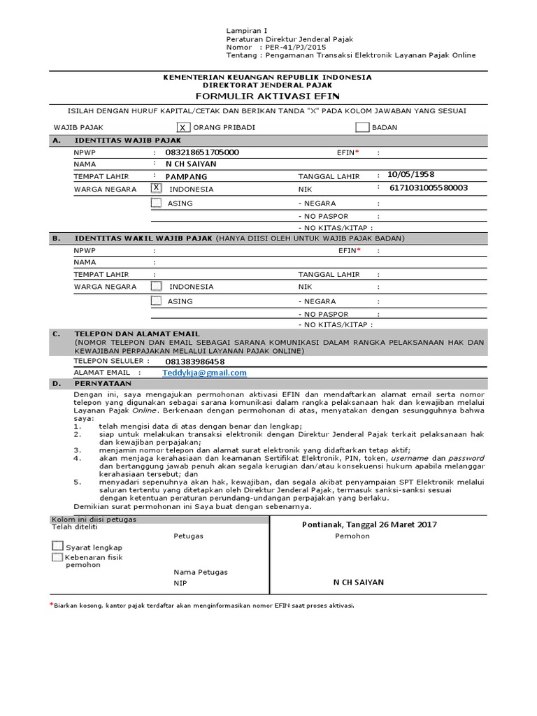 Formulir Aktivasi EFIN Pajak Online | PDF