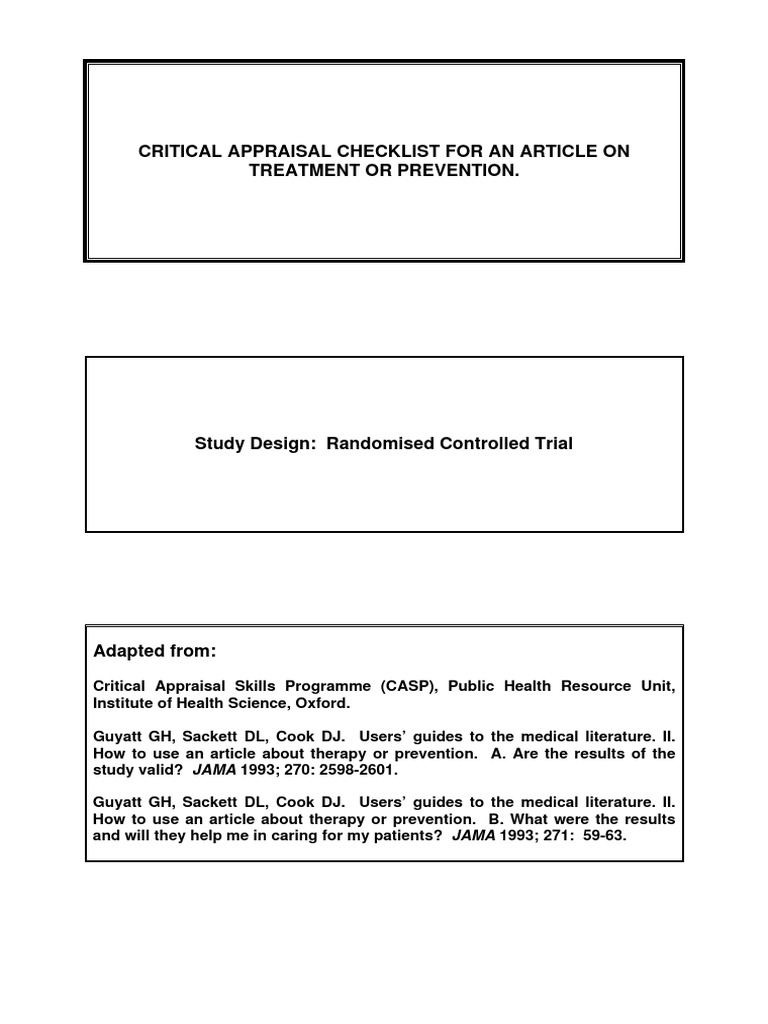 Critical Appraisal Checklist for an Article On | Relative Risk ...