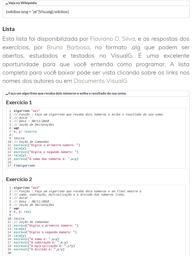 VisualG - Exercícios para Treinar e Aprender - ParteOm | PDF | Média ...