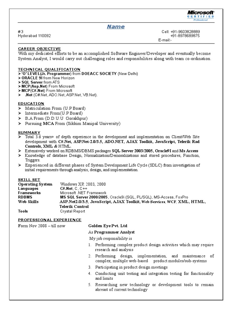 Dot Net Resume | PDF | Oracle Database | Active Server Pages