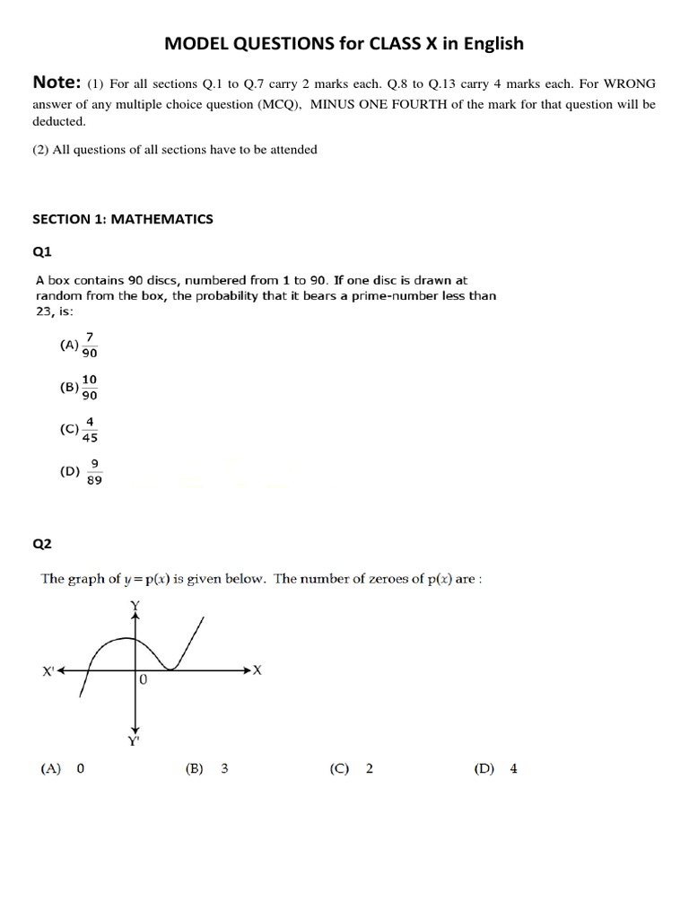 Model Questions For Class X in English: Section 1: Mathematics Q1 | PDF