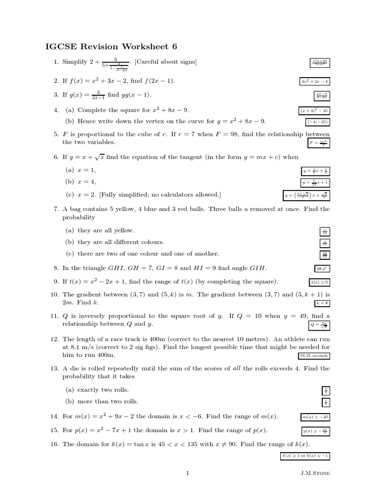 IGCSE Revision Worksheet 6: J.M.Stone | PDF | Geometry | Mathematical ...