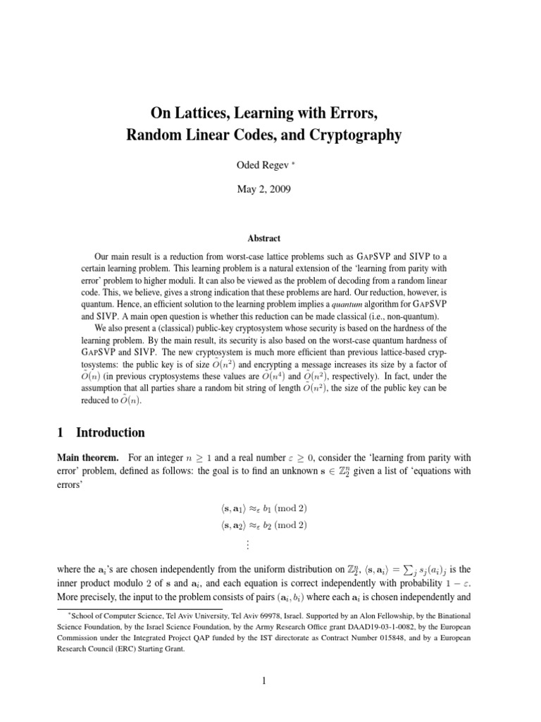 On Lattices, Learning With Errors, Random Linear Codes, and ...