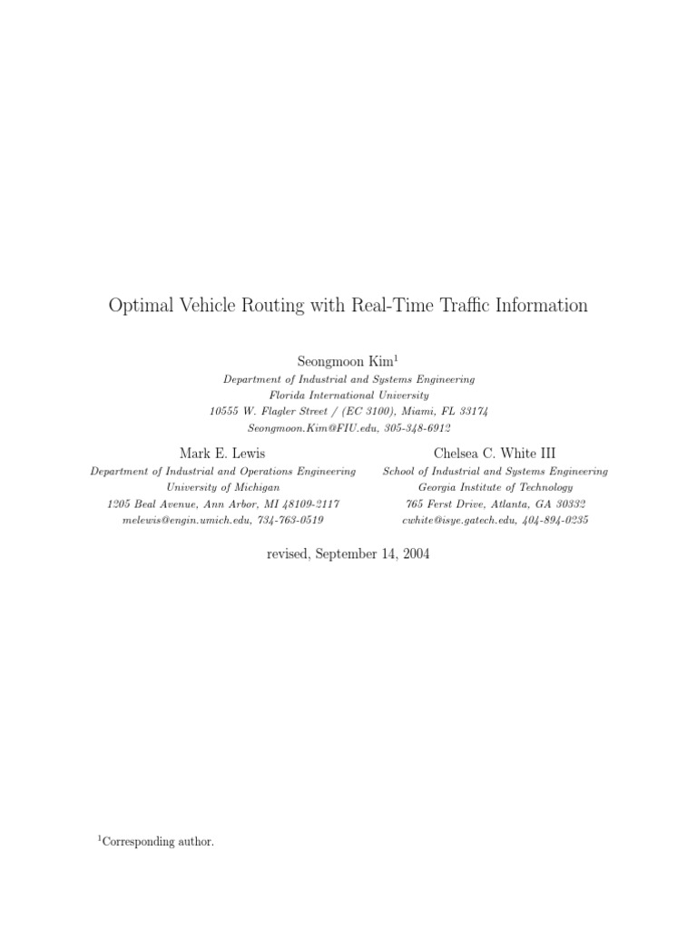 Optimal Vehicle Routing With Real-Time Traffic Information: Seongmoon Kim | PDF | Routing ...