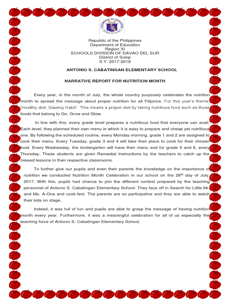 Nutrition Month Narrative Report 2025 Summary Sheet For Reading